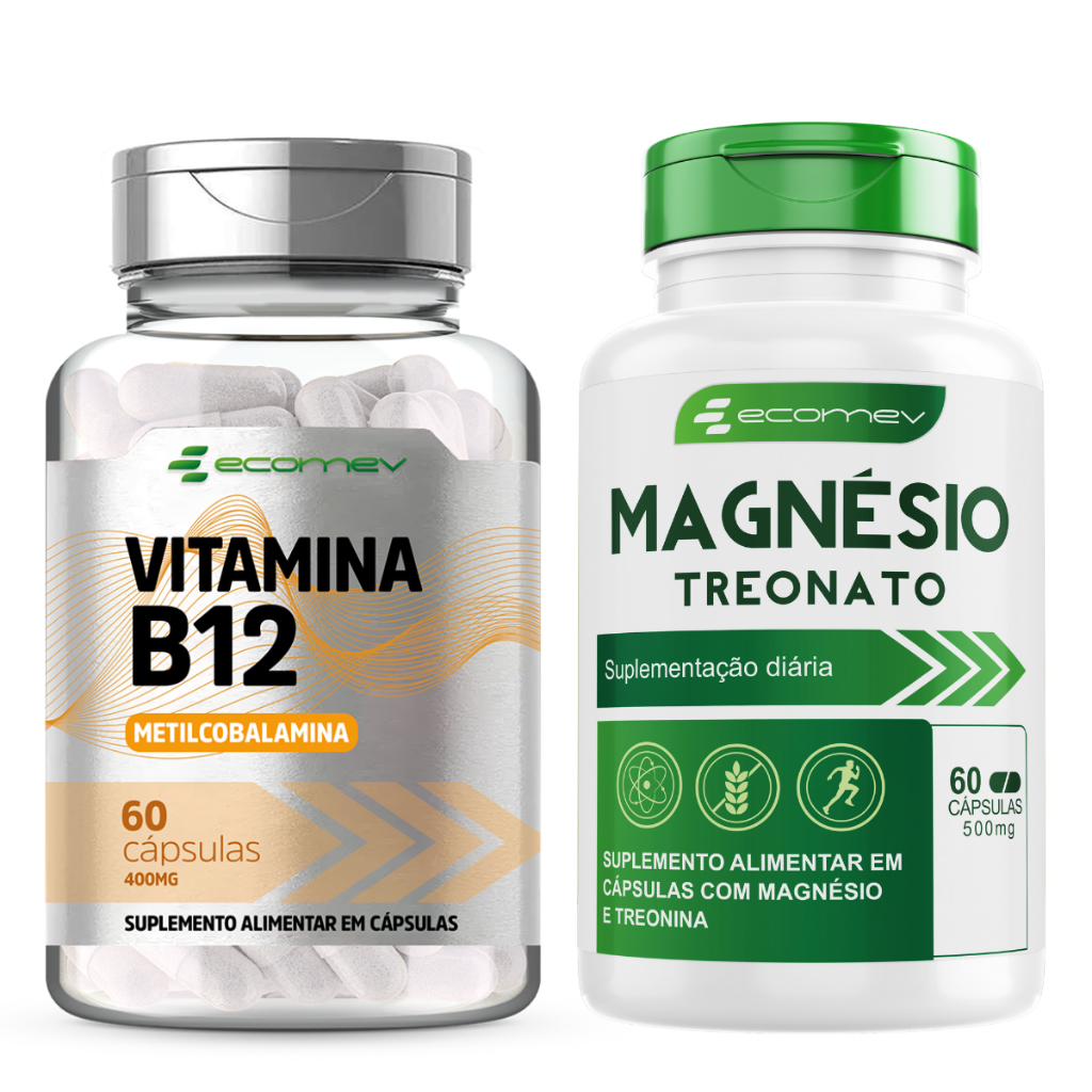 Kit B12 Pura ( Metilcobalamina ) + Magnésio Treonato 500mg 120Cáps ...
