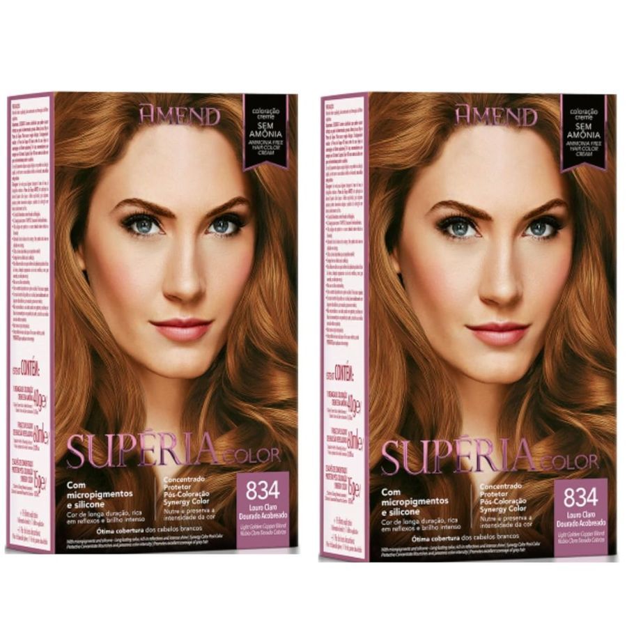 2 Colorações Cremes sem Amônia Supéria Color 834 Louro Claro Dourado ...