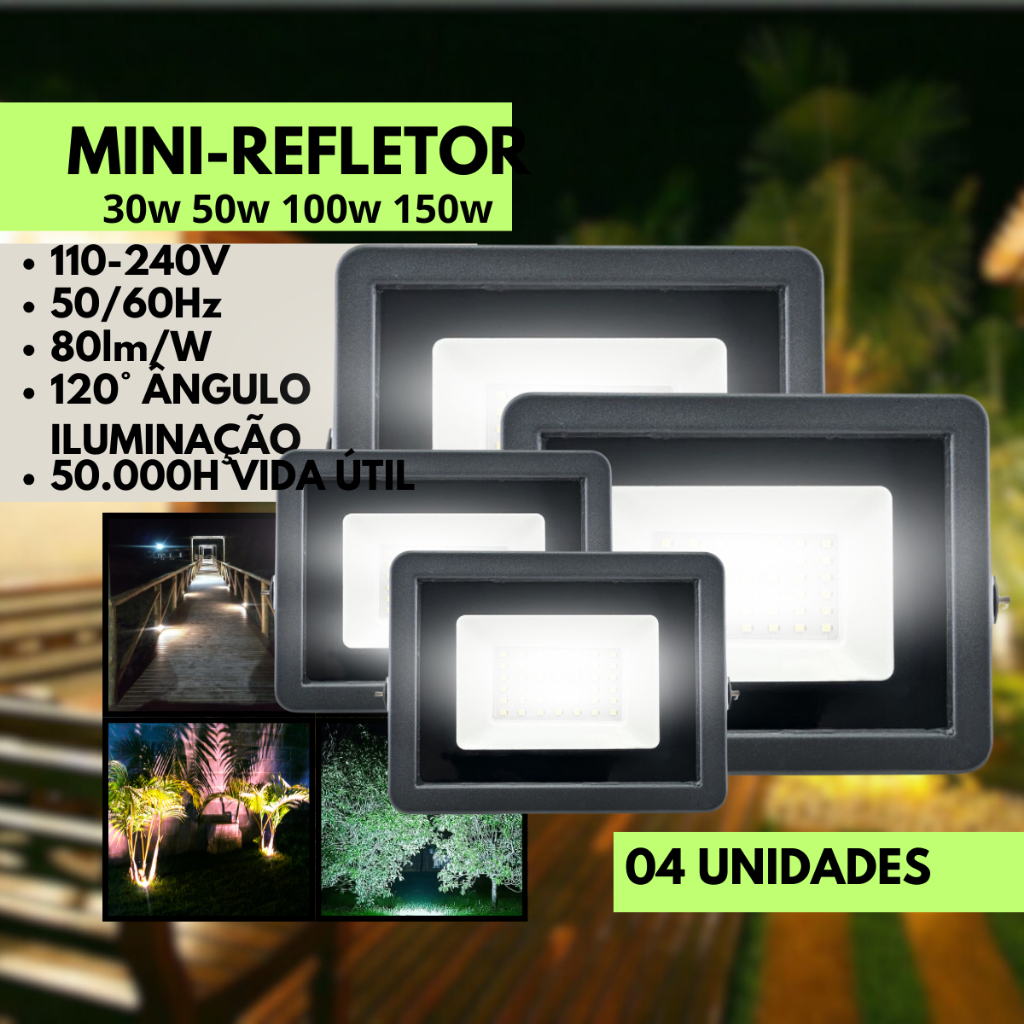 4 Mini Refletor Led Smd 50w 100w 150w Holofote IP65 Slim Branco Frio 6500k | Shopee Brasil