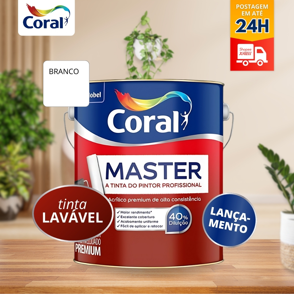 Tinta Master Premium Lavável Anti Mofo Acrílica Parede Fosca Branco 3,2L Interior Coral | Shopee ...