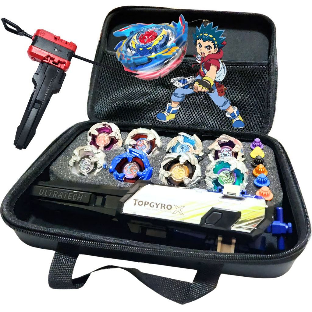 Beyblade Maleta Kit Com 8 Beyblade Metal Fusion 2 Lançador Lançamento ...