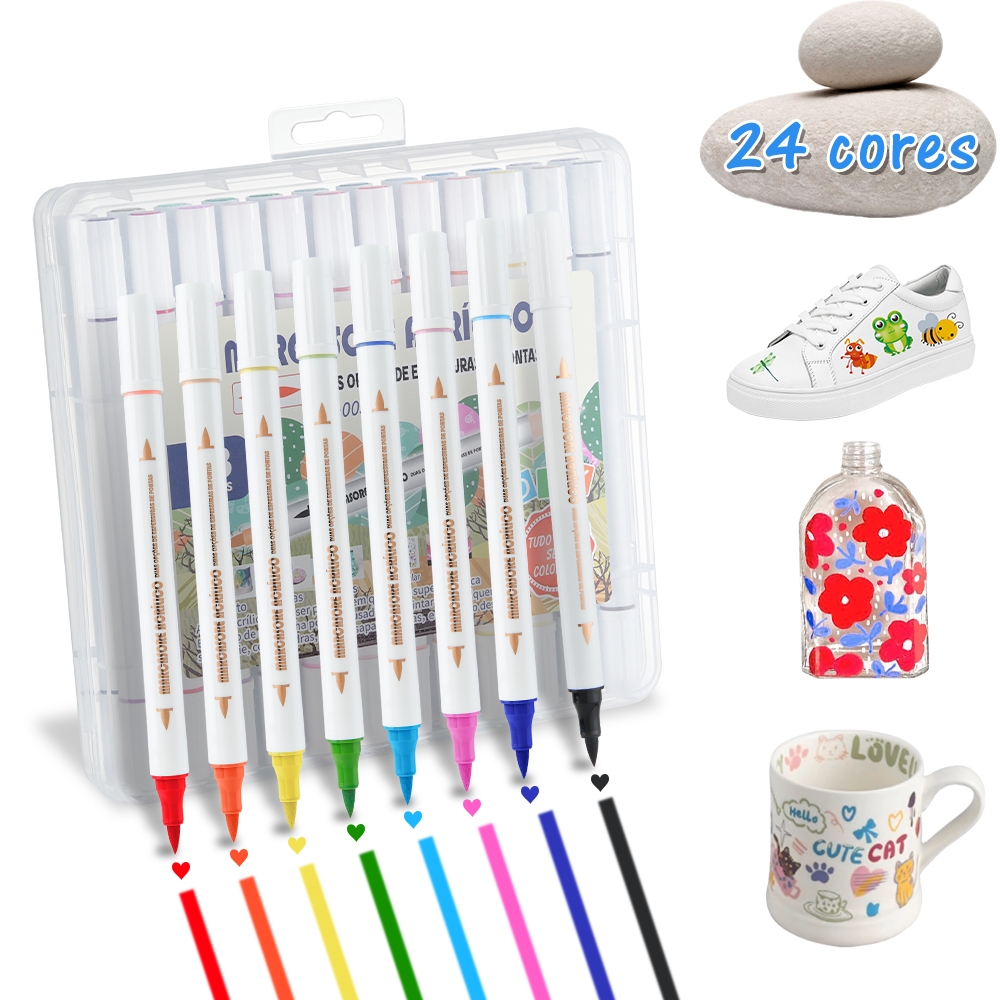 Kit 24 Marcadores Tinta Acrílica Caneta Brush Canetinha Pintar Aquarela ...