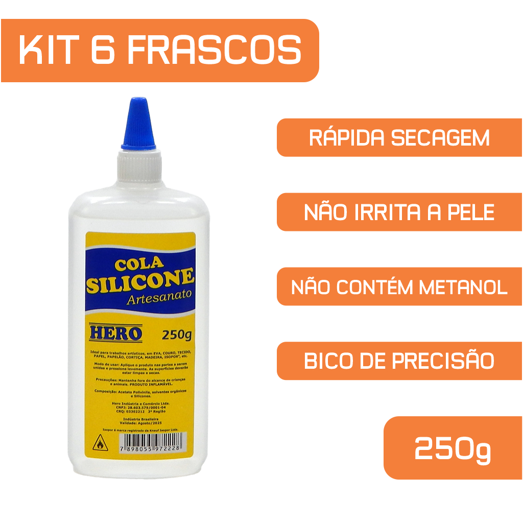 Cola Silicone Líquida para Artesanato 250g - Marca Hero - Kit com 6 frs ...