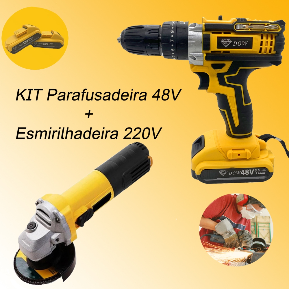 KIT Parafusadeira furadeira 48v Com gancho e 2 bateria + Esmerilhadeira ...