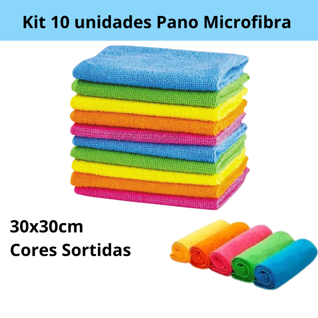 Kit 10 Panos Multiuso de Microfibra 30x30cm Polimento Casa Limpeza de ...