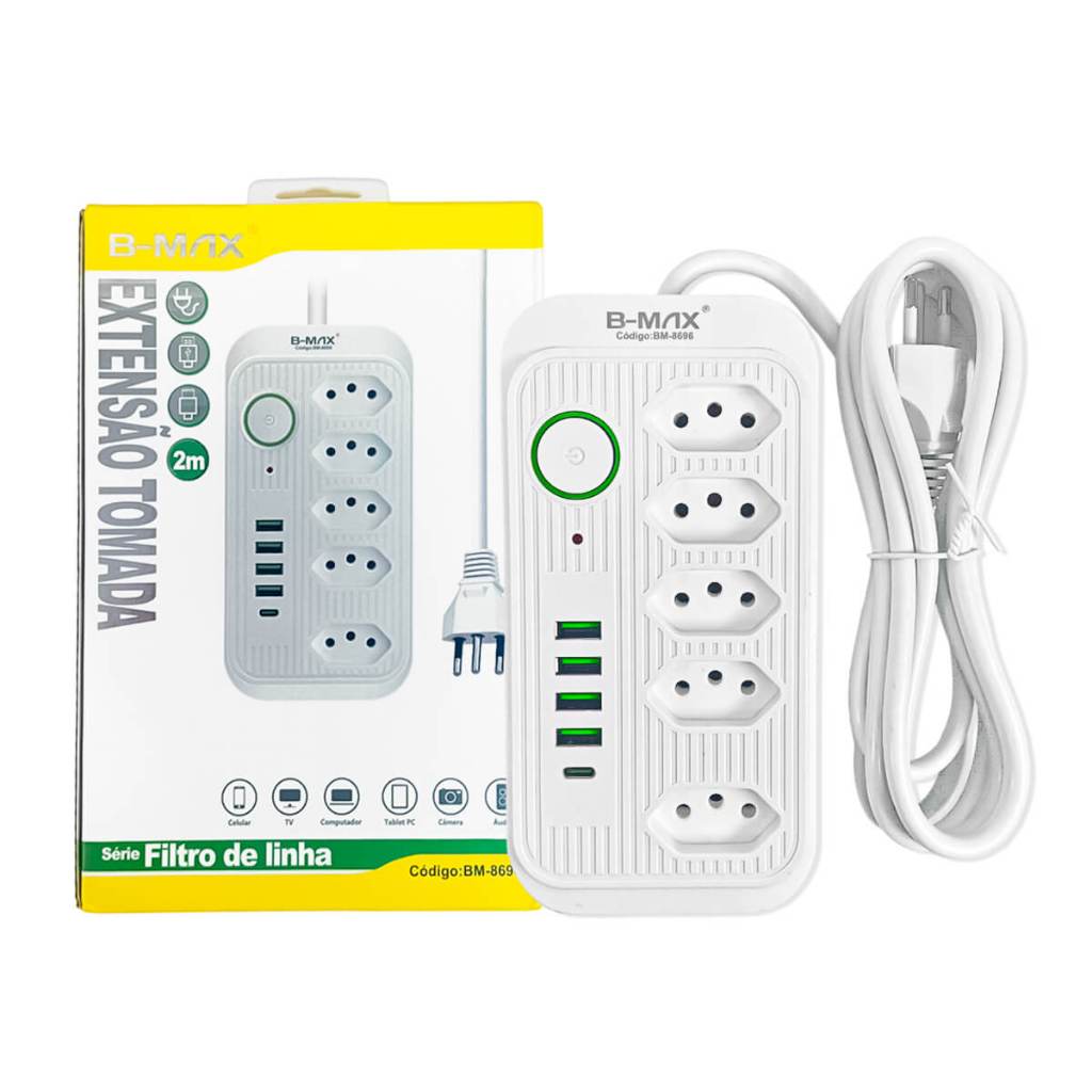 Extensão 5 Tomadas Com 4 USB + 1 USB Tipo C Filtro de Linha Cabo de 2 Metros Branco | Shopee Brasil