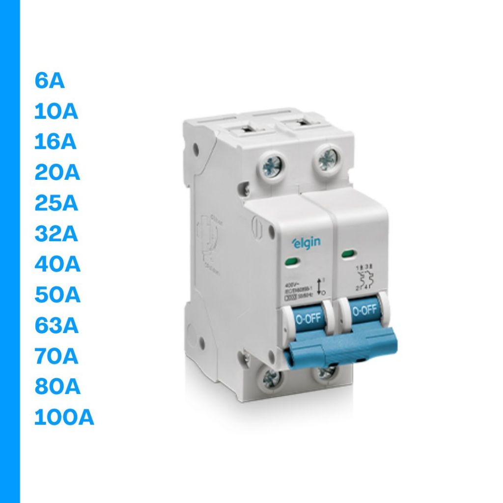 Disjuntor Termomagnético Bipolar Elgin 2 polos 6A 10A 16A 20A 25A 32A 40A 50A 63A 70A 80A 100A ...