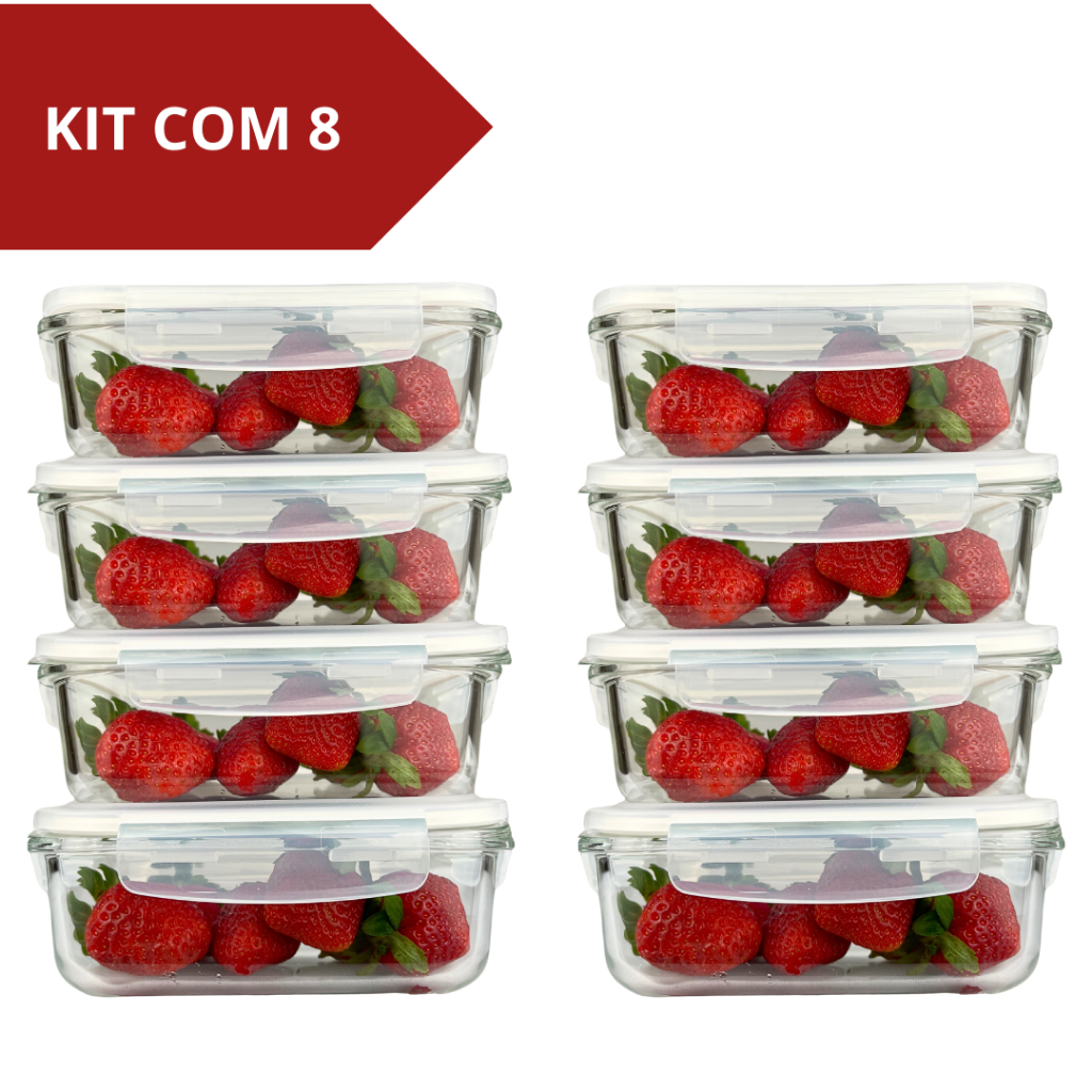 Kit 8 Potes de Vidro 640 ml Hermético Marmita Fit com Tampa 4 Travas ...