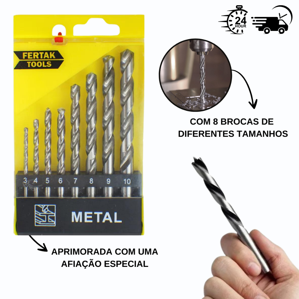 Jogo de Brocas Para Metal e Aço Com 8 Peças Fertak Tools Kit de Broca ...