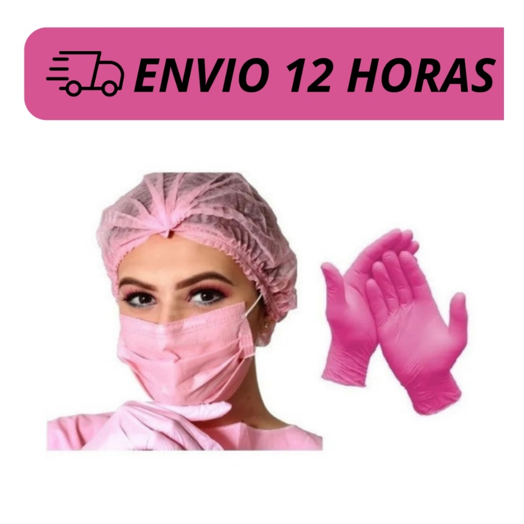 Kit Rosa Luva Nitrílica Rosa 100 + Touca TNT Rosa 100 + Máscara Tripla ...