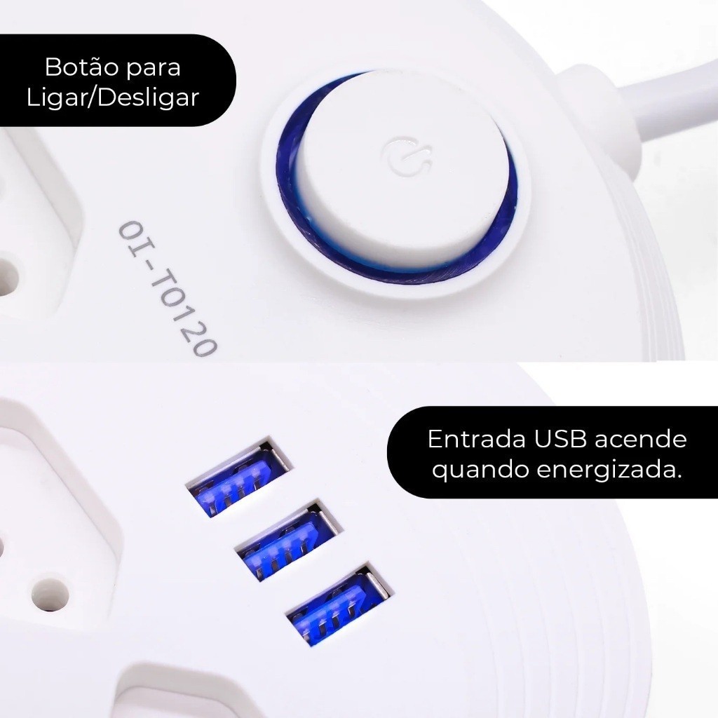 Extensão Elétrica 2m Com 6 Tomadas e 3 Entradas USB Botão Liga e Desliga - Filtro Linha Régua ...