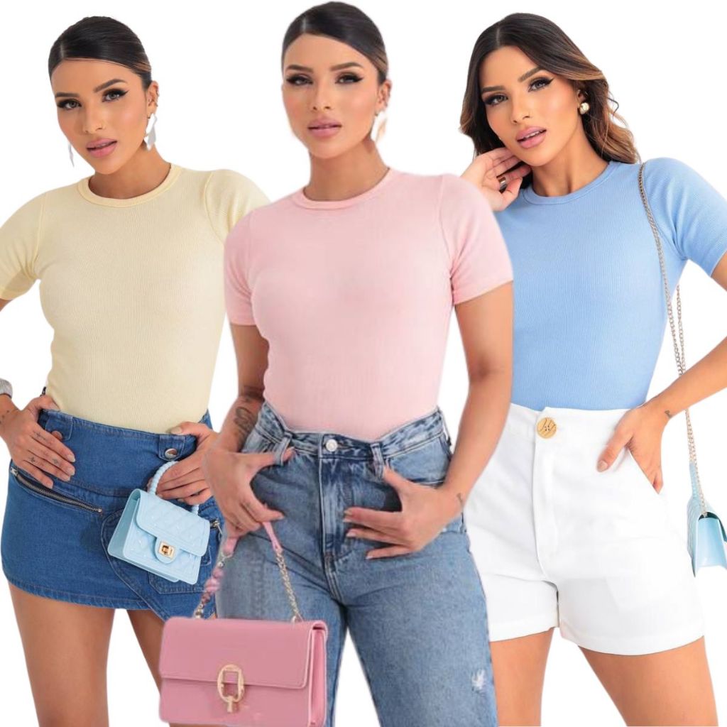 Kit 3 Blusa Ribana Basica Casual Feminina Moda Modeladora Dia A Dia ...