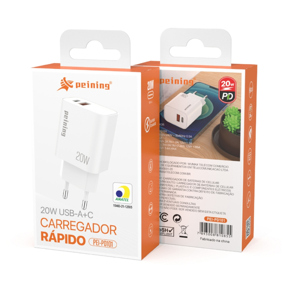 PEINING Carregador Rápido Dual USB-A+C 20W – PD101 | Shopee Brasil