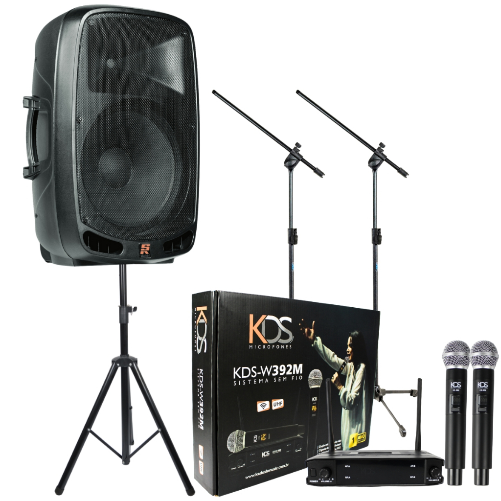 Kit Caixa De Som Amplificada Ps1501 Bluetooth + Microfone Sem Fio Kds-W392M | Shopee Brasil