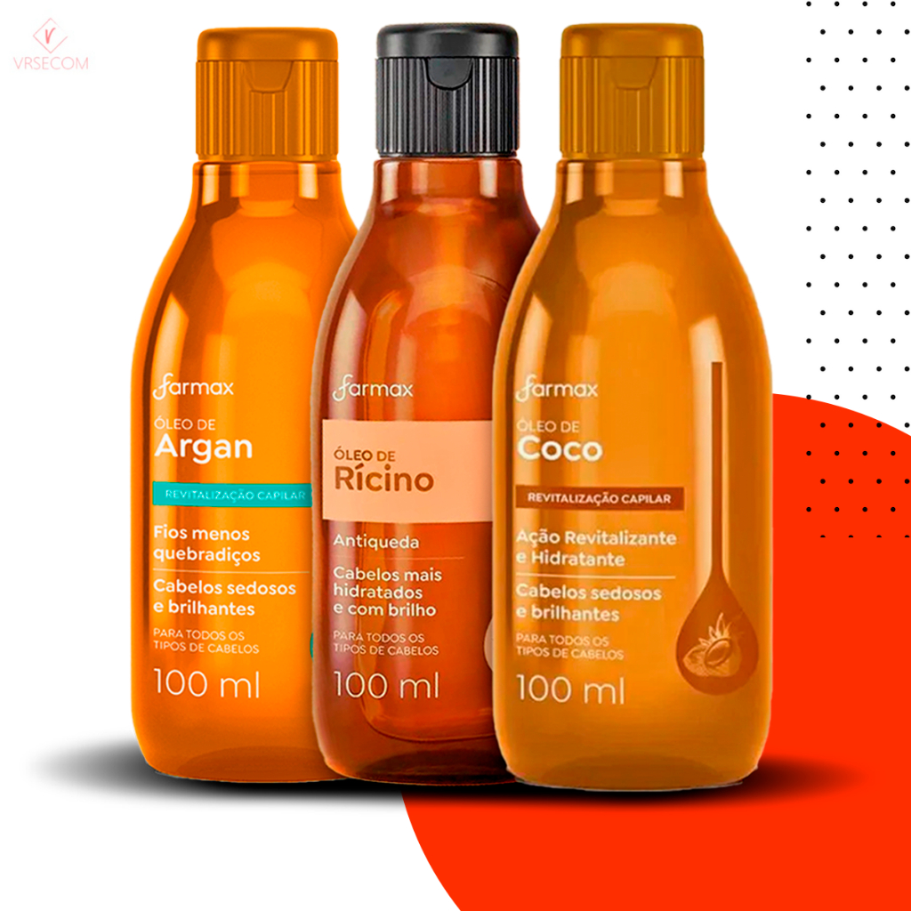 Kit Óleos Farmax: Argan 100ml + Rícino 100ml Puro + Óleo de Coco 100ml ...