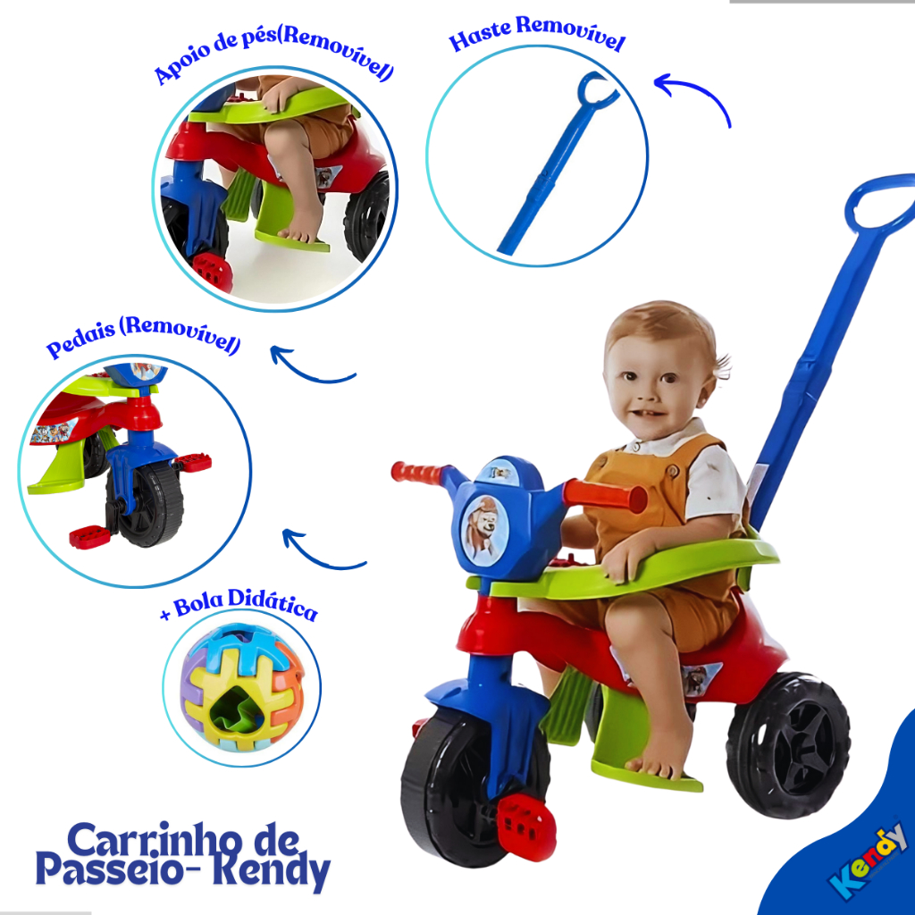Triciclo Infantil Passeio Motoca Velotrol Menino Empurrador Pedal Vermelho Menino BabyDog Kendy ...