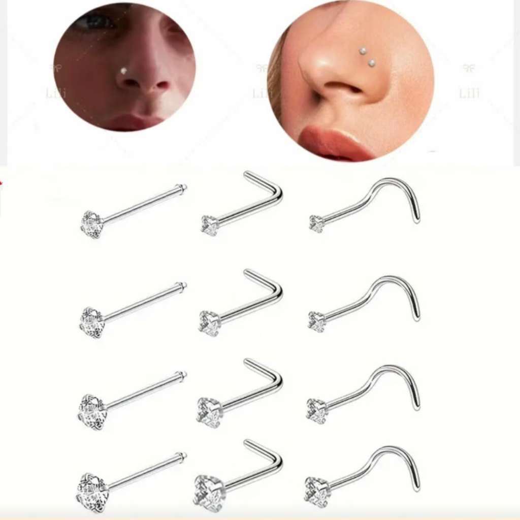 Conjunto de 12 Peças ,Piercing de Nariz em Aço cirúrgico com Pedra ...