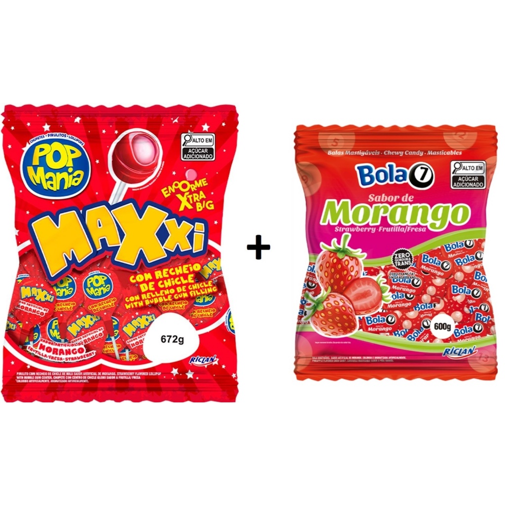 Kit Pirulito Pop Mania Maxxi Morango- Bala Mastigável Bola 7 Morango ...