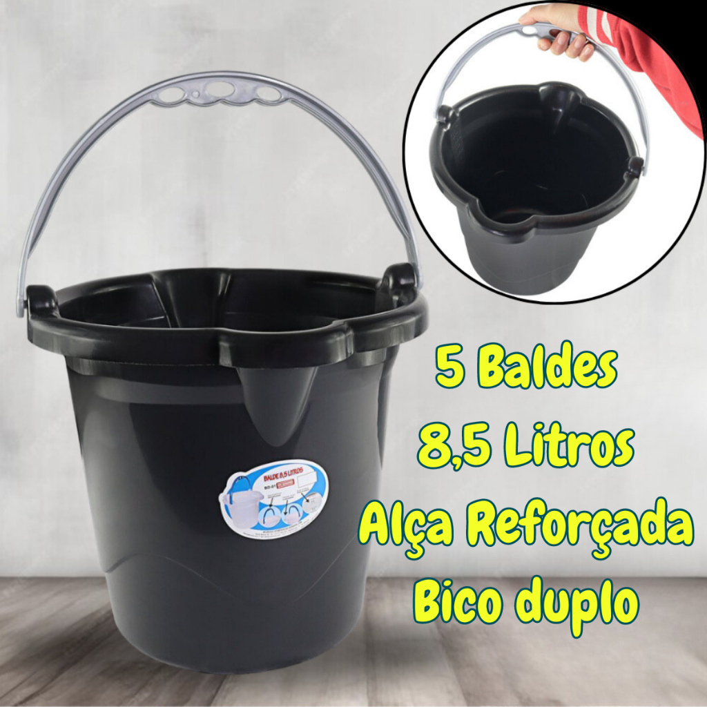 Balde 8,5 Litros Kit Com 5 Baldes Conjunto Jogo Alça Reforçada Preto ...