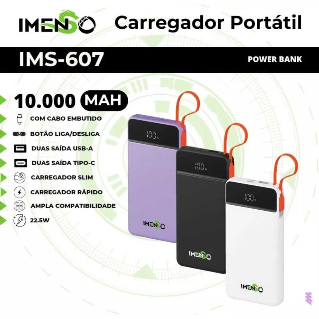 Power Bank Imenso 10000mah IMS-607 Pd 22.5w Cabo Tipo C e IOS ...