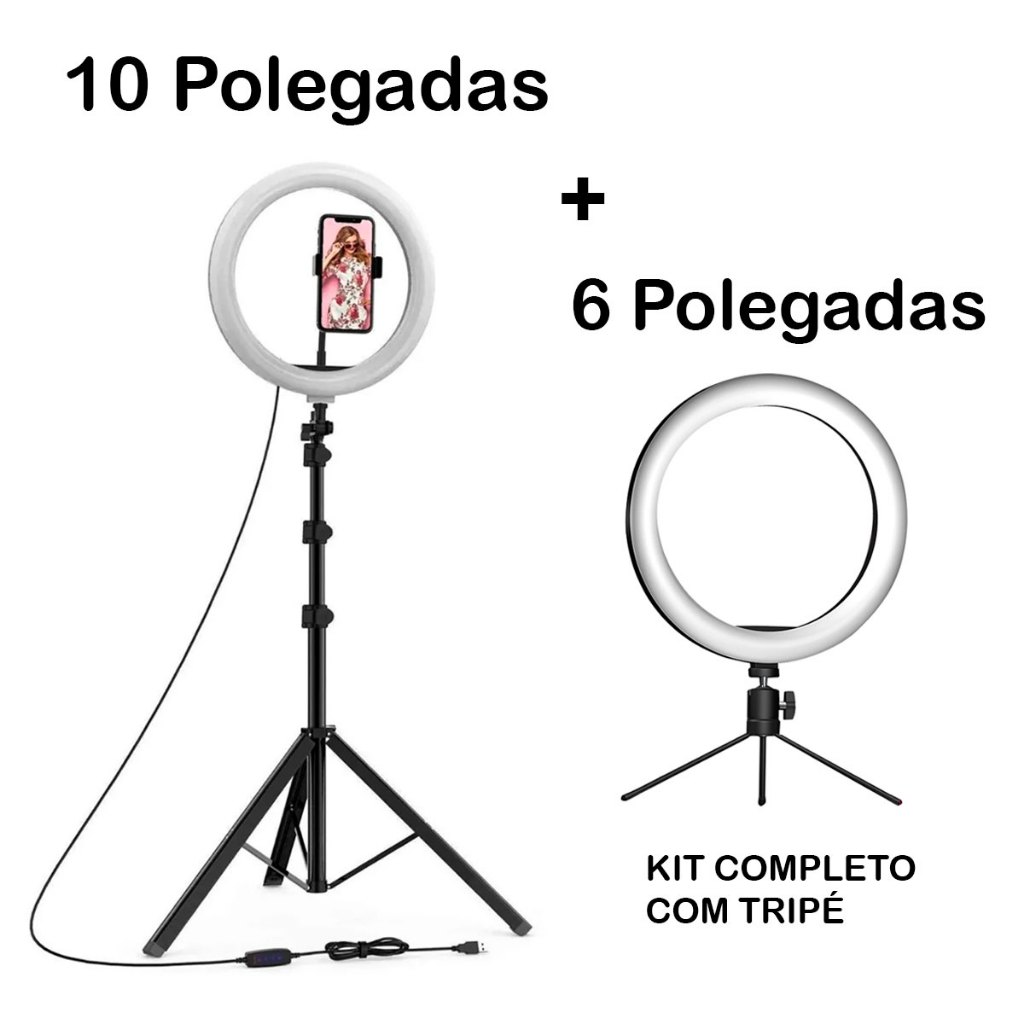Kit COMPLETO Ring Light Profissional Iluminador Portátil 10/6 Polegadas Tripé 3 Cores Envio ...