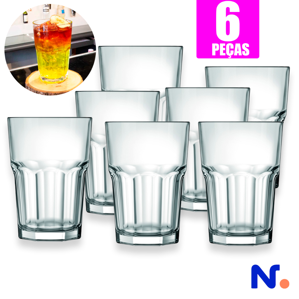 Kit Jogo 6 de Copos Vidro Temperado Transparente Bebidas Drinks Conjunto 410 ml Nadir | Shopee ...