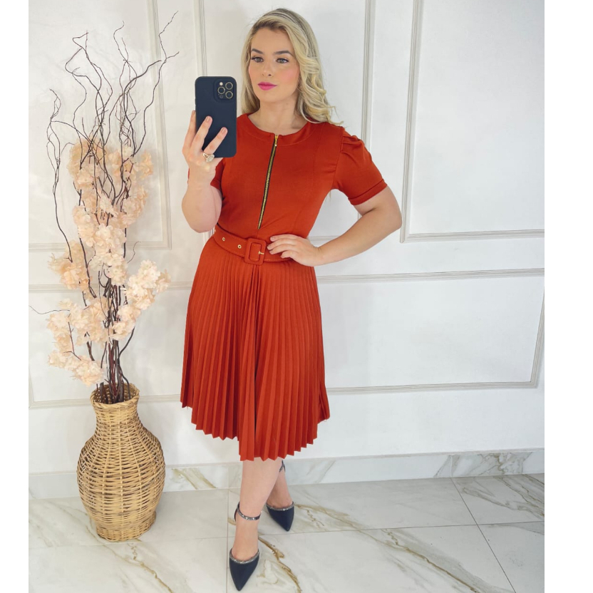 Vestido Em Crepe Mouse Modelo De Zíper Midi Plissado com Cinto | Shopee ...