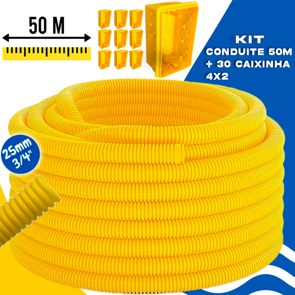 Kit Conduíte Corrugado 3/4 50m Amarelo + 30 Caixinhas 4x2 | Shopee Brasil