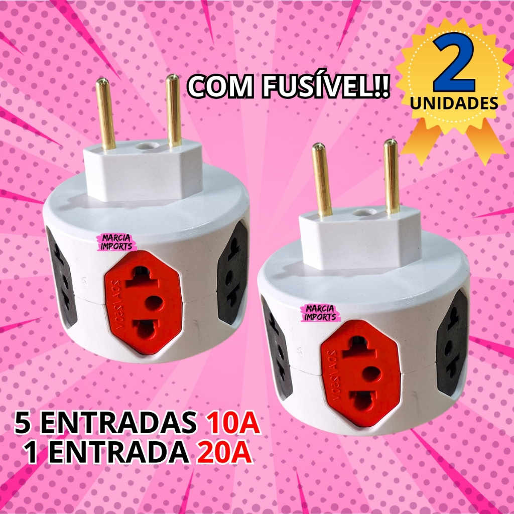 2 Adaptador Benjamin Plug Esfera Com Fusível 6Tomadas Colorido 5 ...