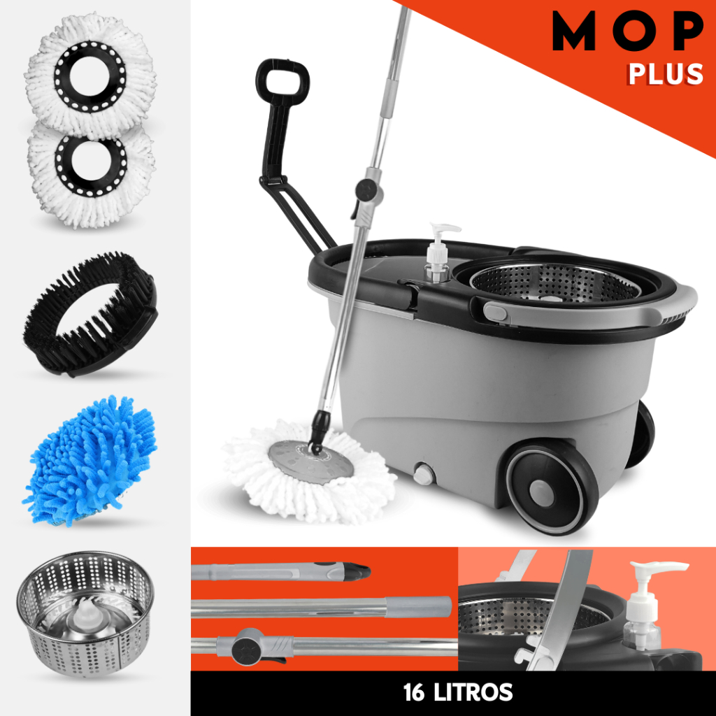 Mop Giratório Com Cesto Em Inox - Cabo 150cm - Completo Cinza | Shopee ...