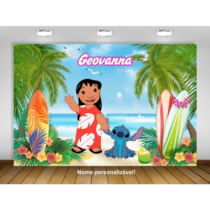 Painel de festa Lilo & Stitch Decoração Infantil fundo havaiano praia ...