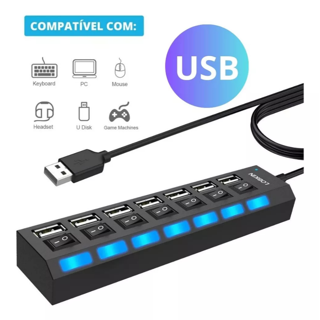 Extensor Hub Usb de 7 Portas 2.0 para Hd, celular, Pen Drive, Mouse ...