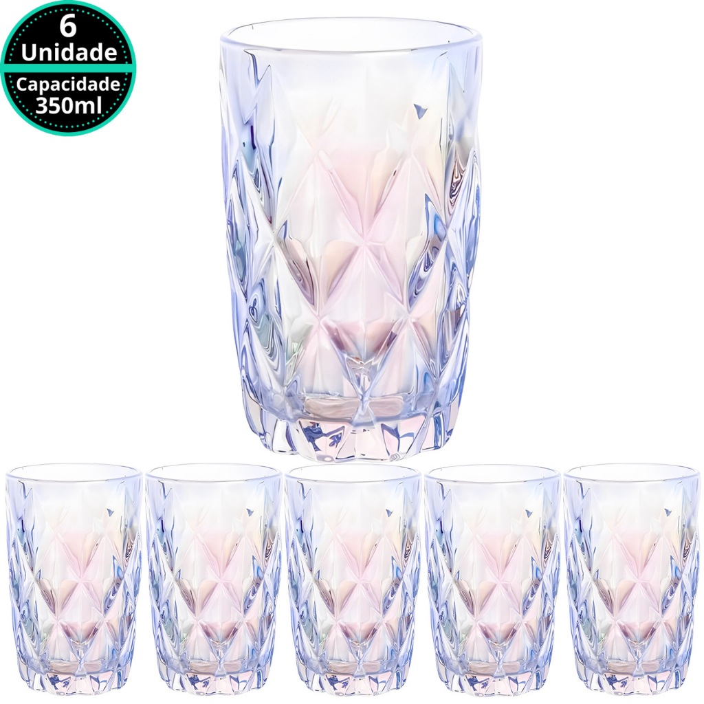 Jogo com 6 Copos de Vidro Diamante Rainbow Clear De Agua ou Suco 350ml | Shopee Brasil