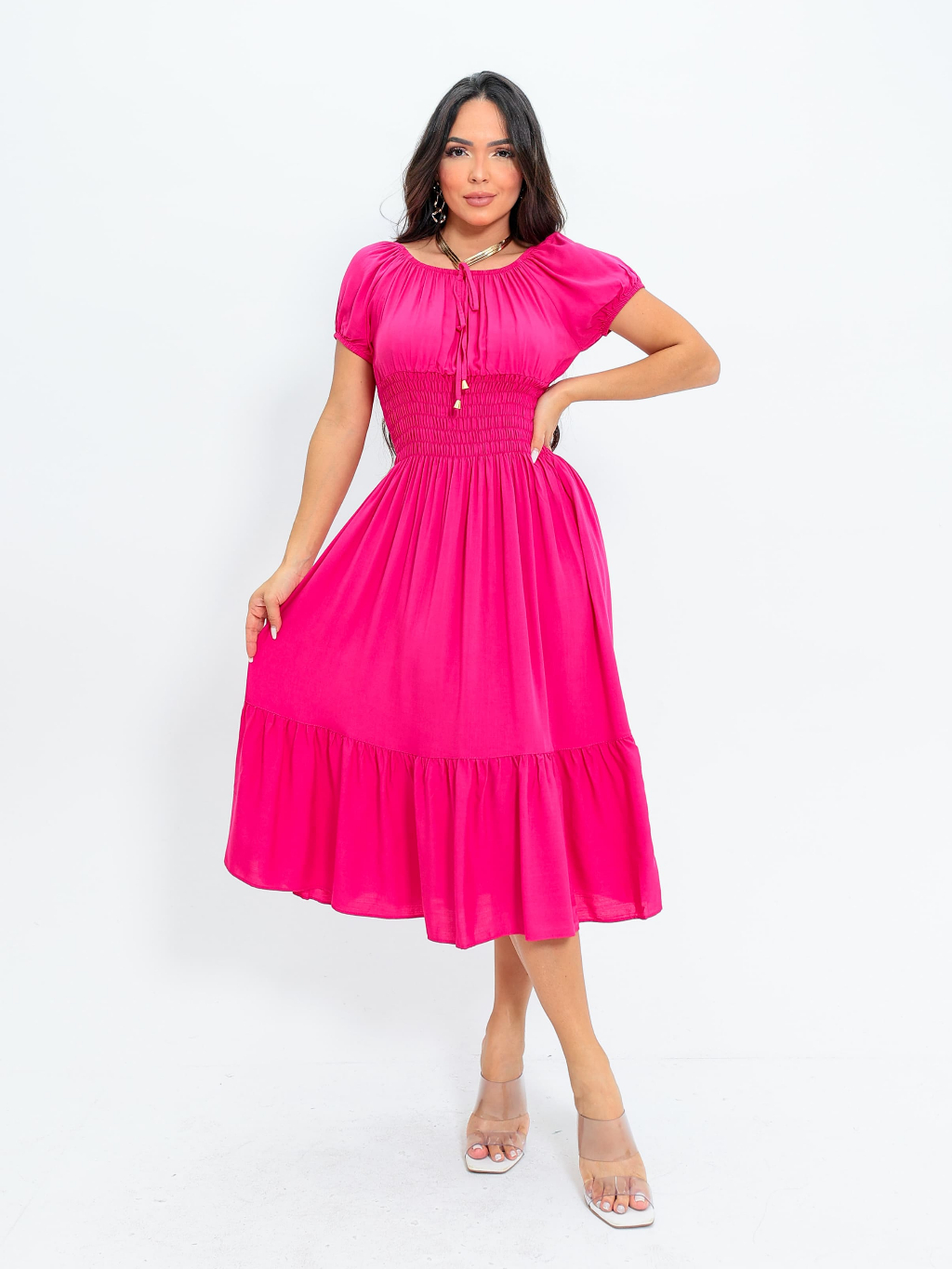 Vestido Midi CURTO VISCOLINHO Moda Feminina Evangélica Tendencia ...