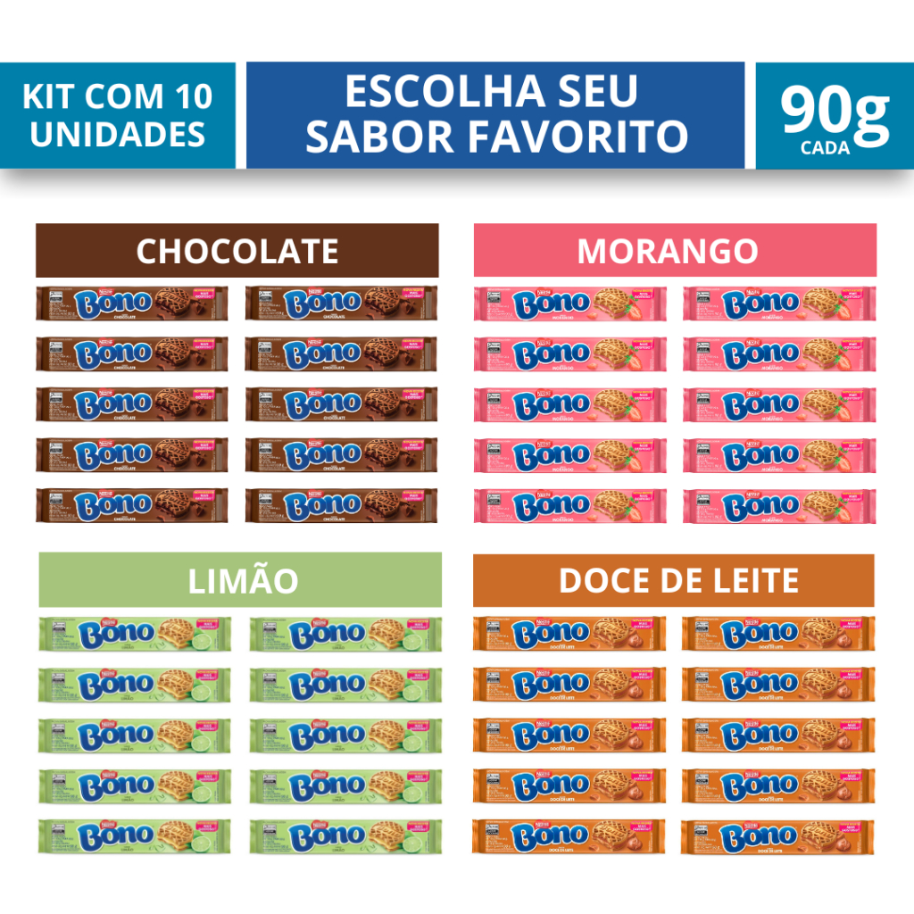 Kit 10 Biscoito Bolacha Recheada Bono Chocolate Morango Limão Doce de ...