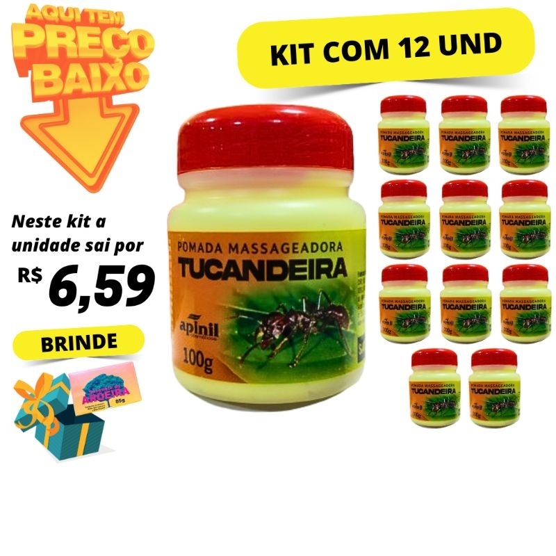 Kit com 12 Creme Pomada Massageadora Tucandeira Apinil 100g | Shopee Brasil