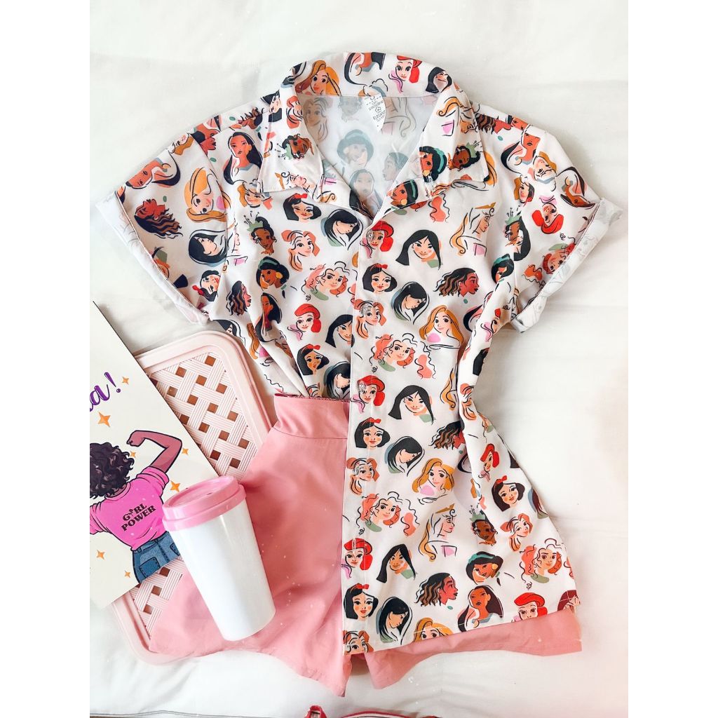 Camisa Camiseta Blusa Social de Botão Manga Curta Feminina Estampada ...