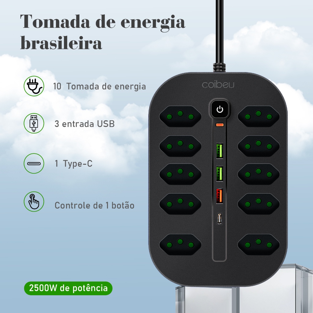 COIBEU Extensão Filtro de linha 10 Tomadas 3 USB 1 Tipo-C Bivolt Power 10A 2 metros de linha ...