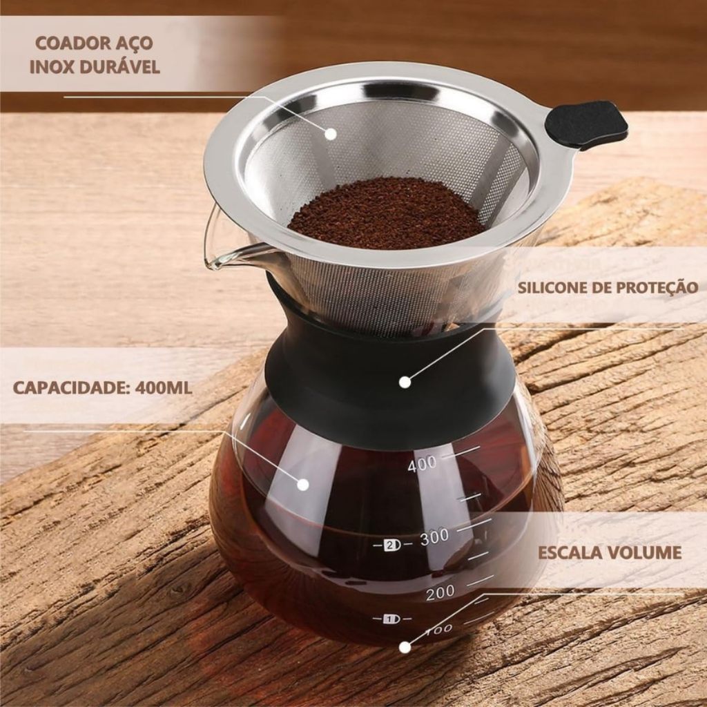 Cafeteira de Vidro com Filtro Coador Inox com Anel de Apoio em Silicone ...