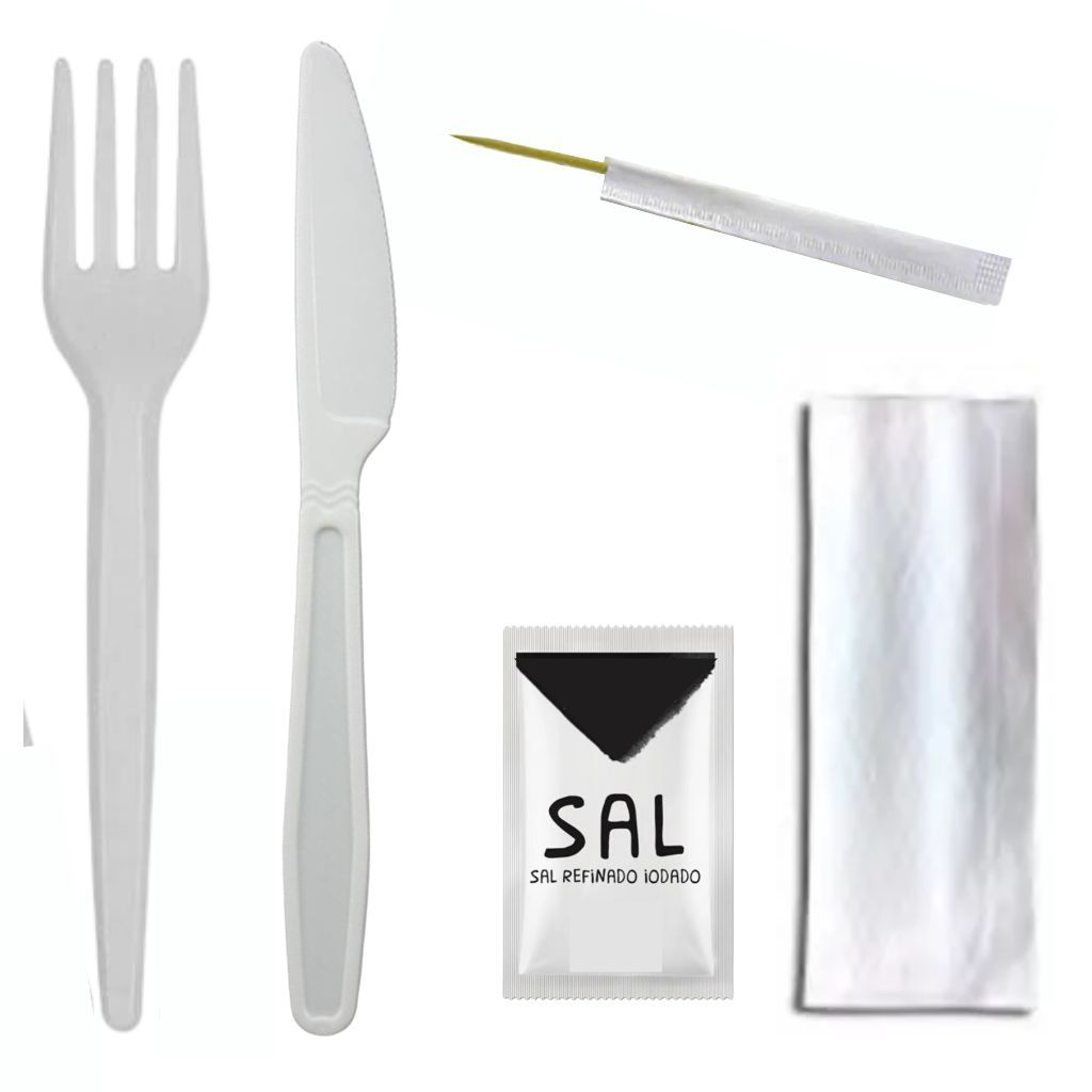 Kit Talher Descartável Garfo Faca Sal Palito Guardanapo Embalados Com ...