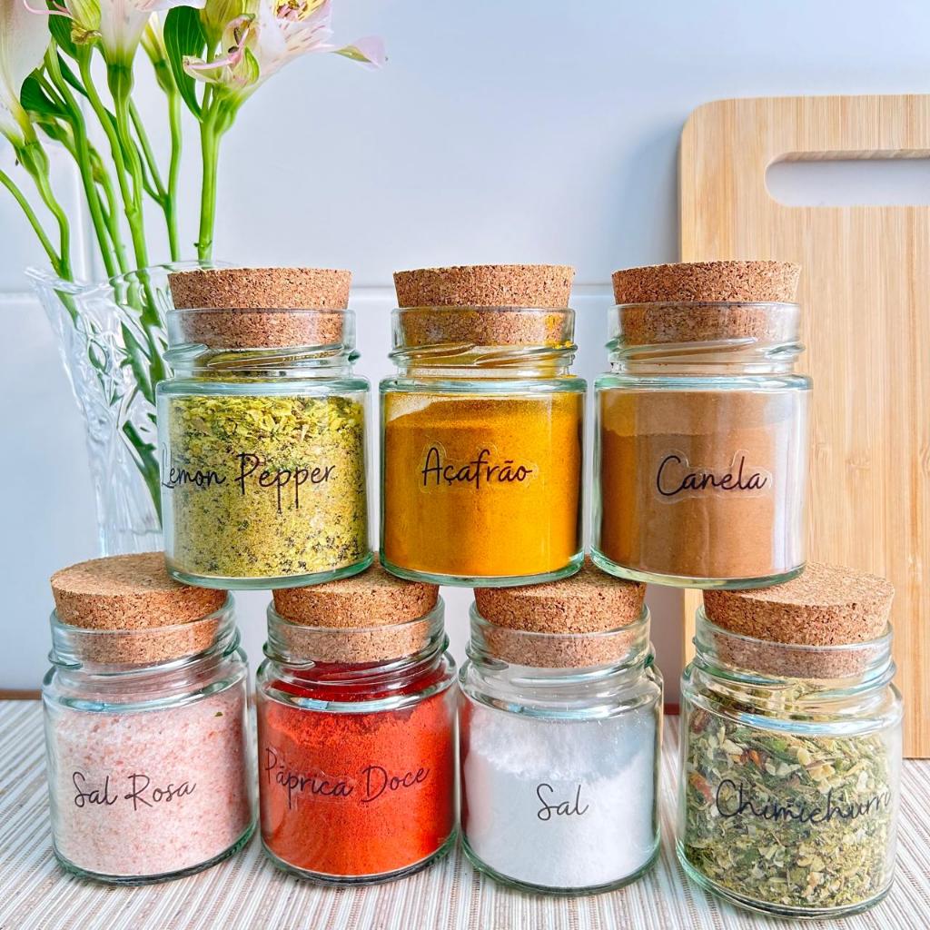 Kit 10 Porta Temperos de Vidro Gourmet + 32 Etiquetas Temperos Potes ...