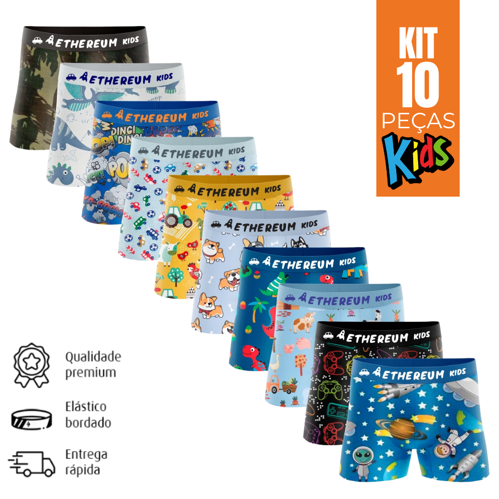Kit 10 Cuecas Box Boxer Infantil Microfibra Cueca Ethereum Kids ...