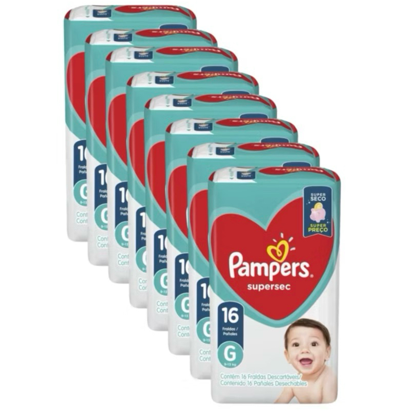 Kit 8 fraldas Pampers Supersec c/16 unidades = 128 tiras | Shopee Brasil