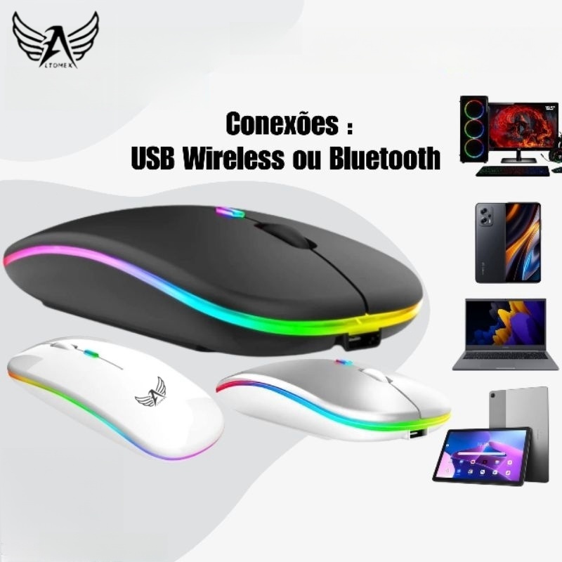 Mouse Sem Fio Recarregável Led RGB Clique Silencioso Bateria Interna 2.4g Gamer Home Office ...