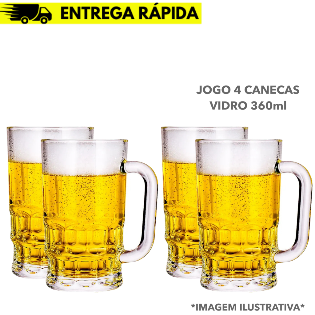 Kit Canecas Chopp Cerveja Vidro Grosso Resistente 4 Unidades Copo - 360ml | Shopee Brasil