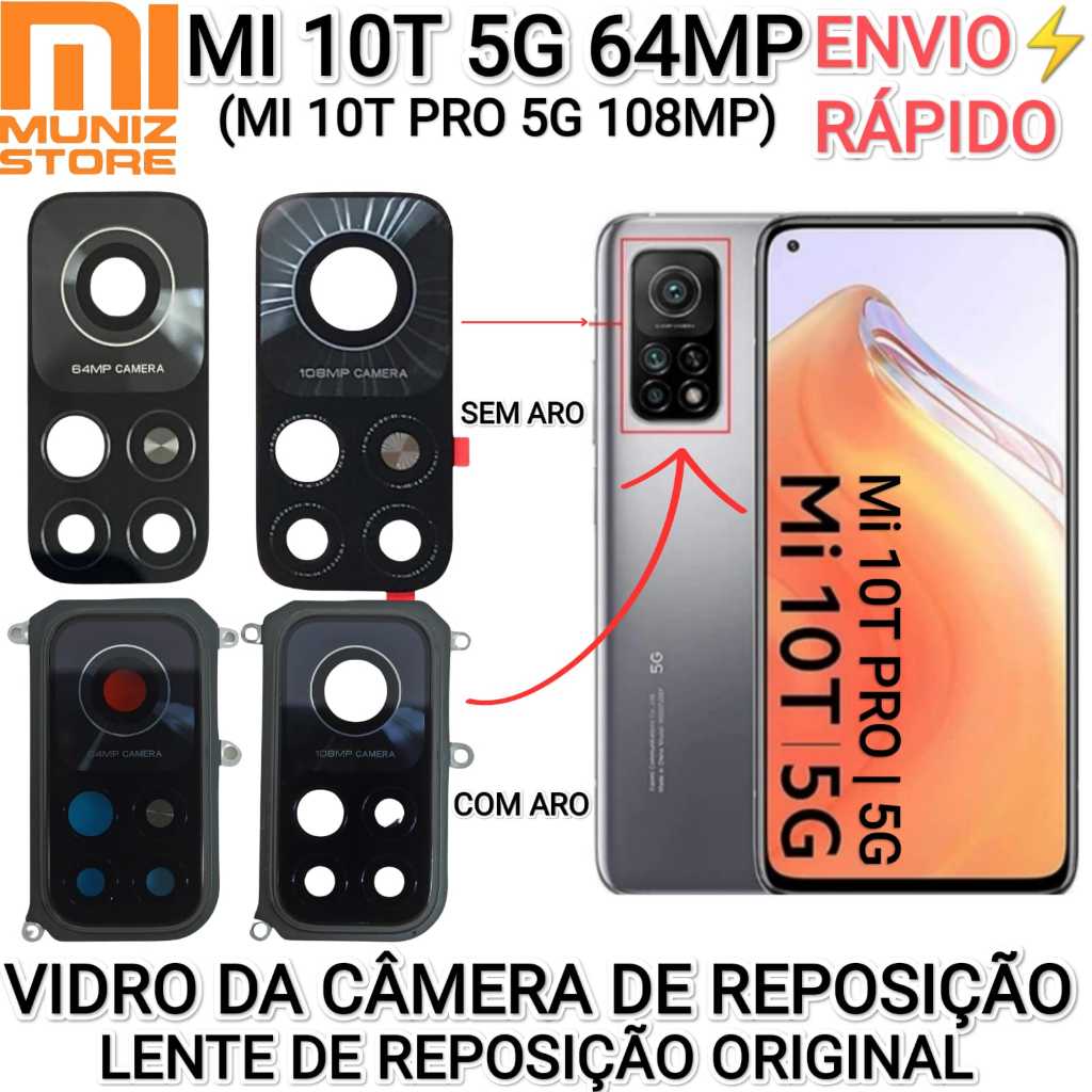Vidro Mi 10T /Xiaomi 10T Pro 5G Lente Câmera Original 64MP 108MP ...