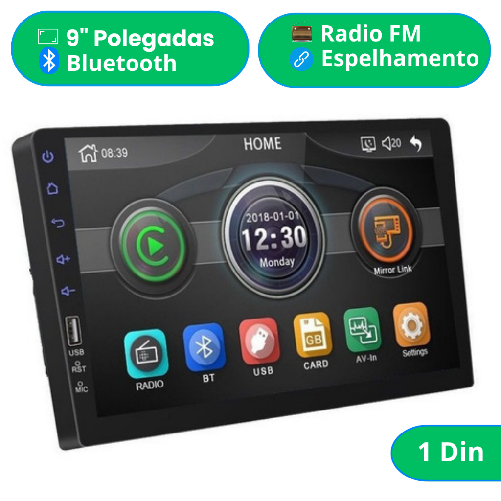 Multimidia 9 polegadas 1 Din com Bluetooth e Espelhamento | Shopee Brasil