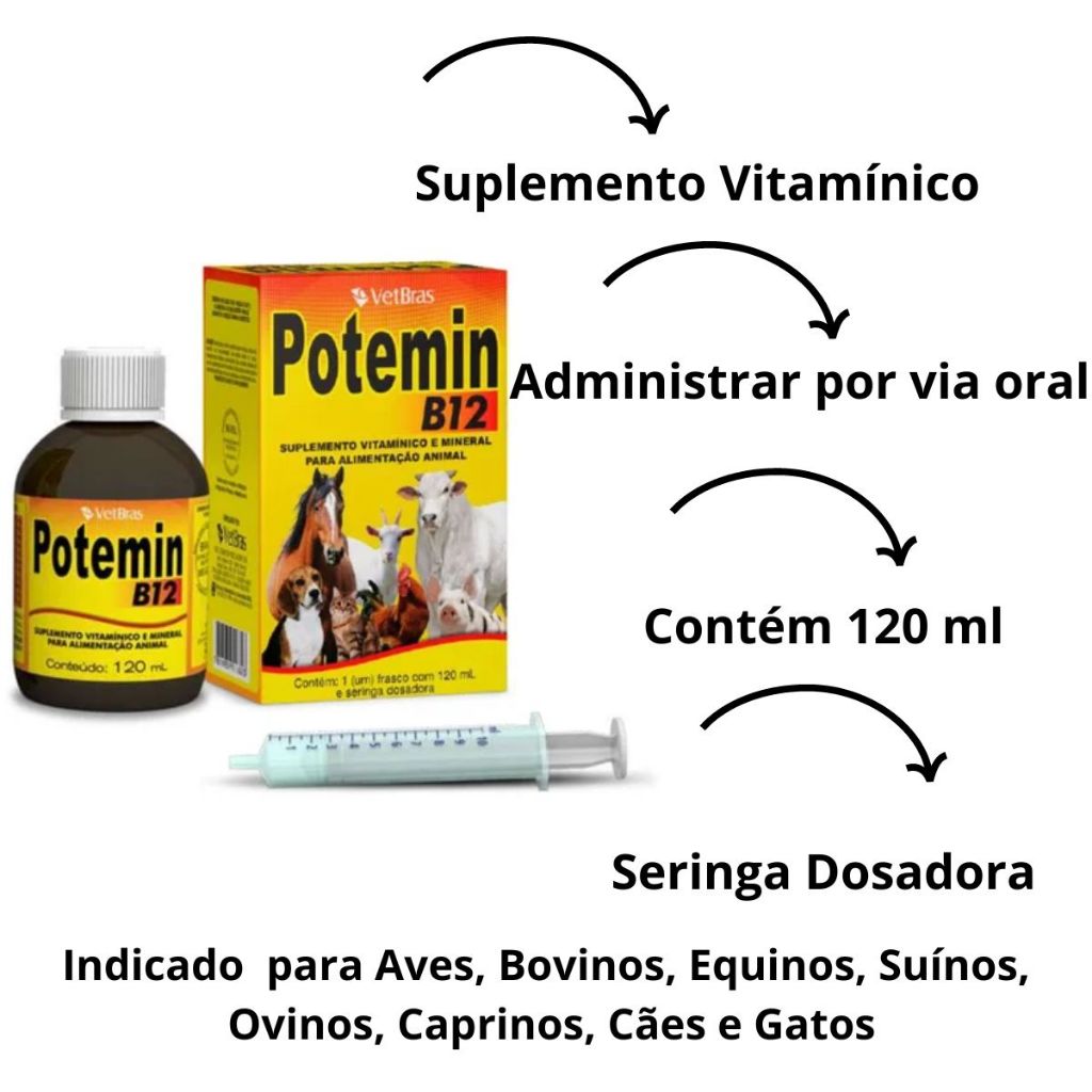 Potemin B12 Suplemento Vitamínico E Mineral Para Animais 120ml | Shopee ...