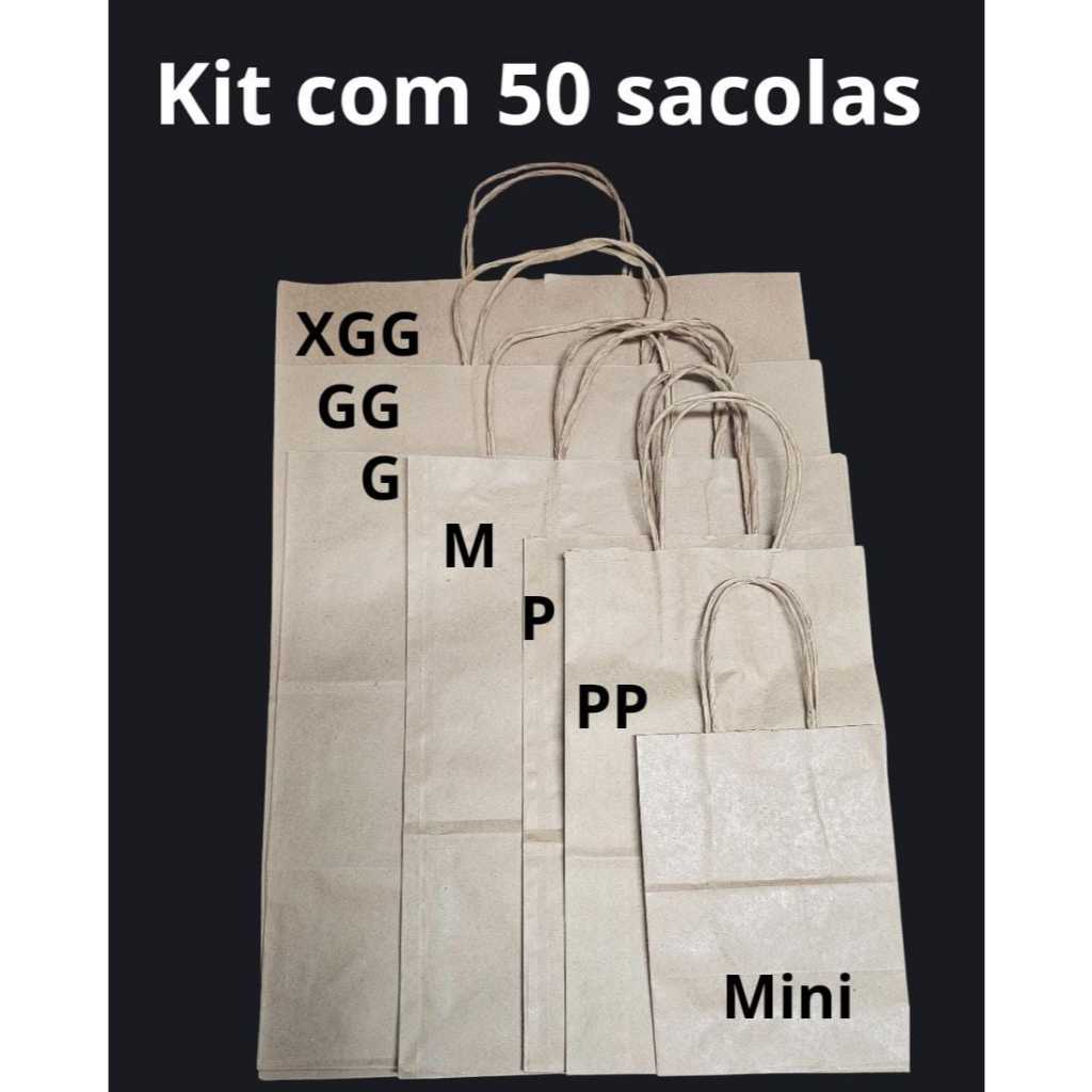 SACOLA DE PAPEL KRAFT KIT 50 UNIDADES Mini, PP, P, M, G, GG e XGG ...