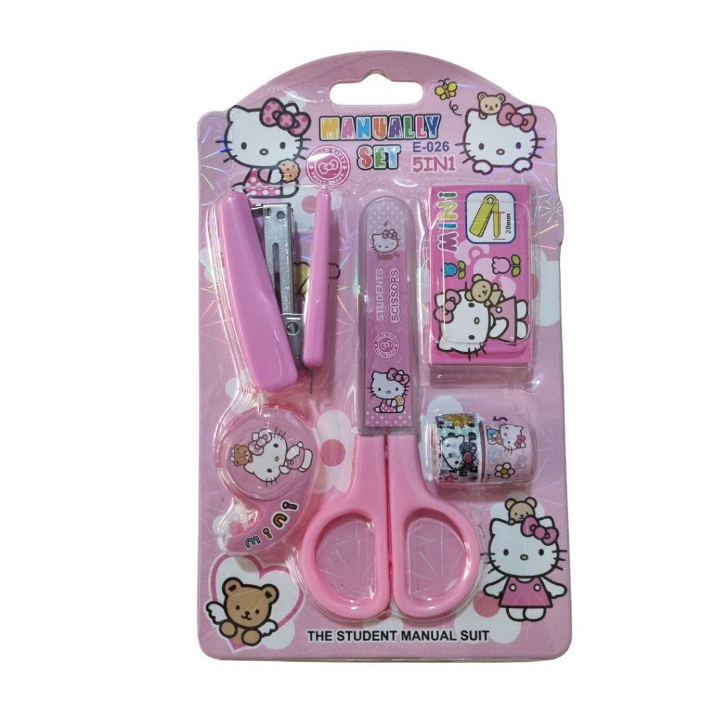 Kit 5 em 1 Material Escolar Hello Kitty :Tesoura / Grampeador / Grampos ...